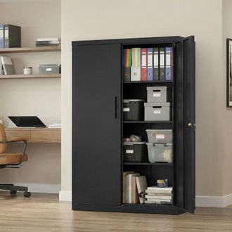 Songmics Armoire en Acier &agrave; 2 Portes, Verrouillable, &Eacute;tag&egrave;res R&eacute;glables, Meuble de Rangement pour Bureau, 80 x 40 x 140 cm, Noir