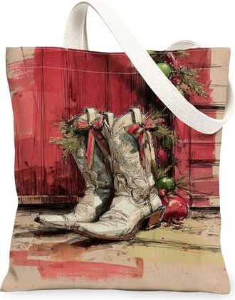 Generic Sacs fourre-tout en toile vintage de No&euml;l, motif rustique de d&eacute;coration de vacances, sacs d&eacute;picerie r&eacute;utilisables, l&eacute;gers et lavables, S, beige, 13x15