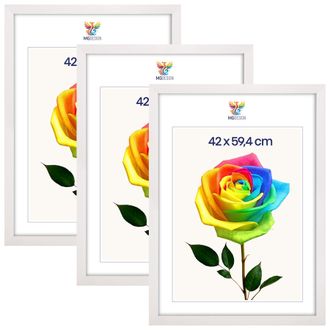 MG Design 3er Set Bilderrahmen A2 42 x 59,4 cm - Posterrahmen mit Wei&szlig; Echtholzrahmen und bruchsicherem Acrylglas, Hoch & Quer mit stabiler Wandaufh&auml;ngung