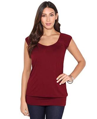 Krisp T Shirt Top Femme Chic Top Ample Grande Taille Disponible Décontracté Décolleté été Pas Cher, Bordeaux, 36, 7604-WIN-08