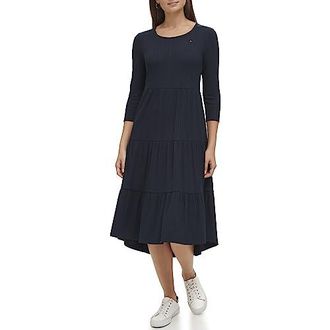 Tommy Hilfiger Robe midi à Rayures à Volants pour Femme, Sky Captain., Taille XS