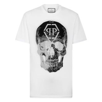 Philipp Plein Homme, Tops, Blanc, Taille: 4XL T-Shirt Col Rond Skull