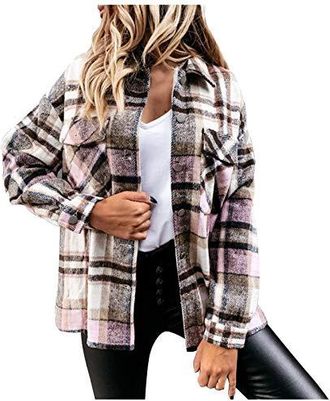 Generic Vestes pour femmes 2026 Veste d&eacute;contract&eacute;e &agrave; manches longues en laine &agrave; carreaux avec poche, marron, M