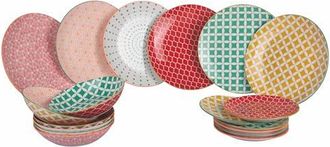 Villa D'Este Home Tivoli 18-teiliges Tafelservice aus Porzellan, 6 verschiedene Plätze, doppeltes Dekor, Confusion in Colors