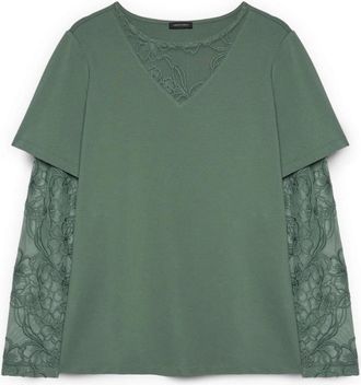 Fiorella Rubino Femme, Tops, Vert, Taille: 40 FR T-shirt avec Manches en Dentelle et Encolure