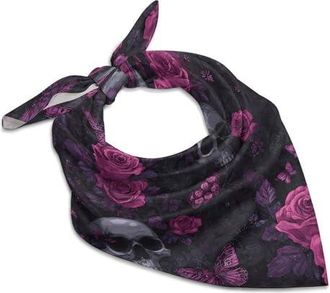 Generic Foulard carré en soie avec motif tête de mort et fleur rose pour Halloween, écharpe pour cheveux, foulard respirant, cadeau pour homme et femme, multi