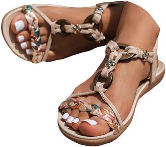 Generic Sandales plates &agrave; lani&egrave;res pour femme - Bout ouvert - Style d&eacute;contract&eacute; - Style boh&egrave;me - Sangle de cheville - Confortables - Large largeur - Perles - 