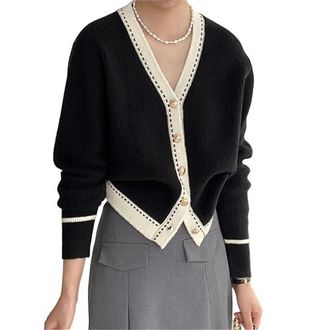 Generic Cardigan tricot&eacute; &eacute;l&eacute;gant &agrave; col en V et manches longues pour femme - Cardigan cor&eacute;en ample d&eacute;contract&eacute;, Noir/blanc, taille unique
