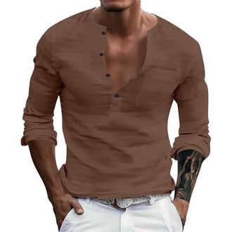 Generic T-shirt &agrave; manches longues pour homme - Style vintage - En coton - Grandes tailles - Col montant - Chemise de plage - Col rond - Chemise d&eacute;t&eacute; &eacute;l&eacute;gante 