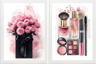 Nacnic Set Mit 2 Postern, Schminke, Kosmetik, Rosa Blumen. Druckillustration Zur Dekoration Der W&auml;nde Von Toilette, G&auml;steToilette, Ankleidezimmer, Salon, A4,