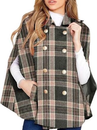 Generic Cape dhiver &agrave; carreaux pour femme, cape &agrave; double boutonnage avec poches pour femme, veste dhiver &agrave; carreaux, gris, XXL