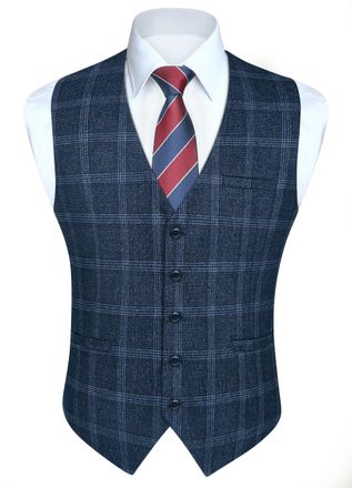 Hisdern Weste Herren Blau Kariert Anzugweste Klassische Westen Hochzeit Business Elegant Plaid Westeherren 3XL