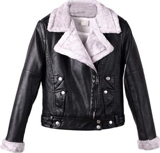 Generic Manteau dhiver en fausse fourrure de cisaillement pour femme - Chaud et &eacute;pais - Doublure en fausse fourrure - Veste de moto fine avec fermeture &eacute;clair