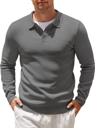 Coofandy Strick Poloshirt Herren Langarm Strickpullover Regular fit Pulli Polo Pullover Einfarbig Winter Business Pullover Button Down Polohemd Mittelgrau XL
