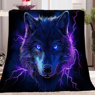 Generic Flanell Kuscheldecke, Abstrakt Neon Wolf Waschbar Pflegeleicht, Blau Lila Atmungsaktiv und Schmutzabweisend, 180 x 220 cm Ideal f&uuml;r Schlafzimmer Sofa-