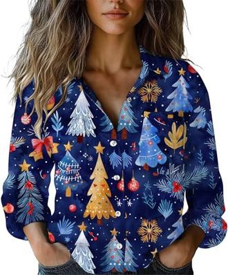 Generic Hauts chemisiers de No&euml;l pour femmes, chemise ample 2025, chemise d&eacute;contract&eacute;e de No&euml;l pour femmes &agrave; manches longues en imitation coton, v&ecirc;tements pou