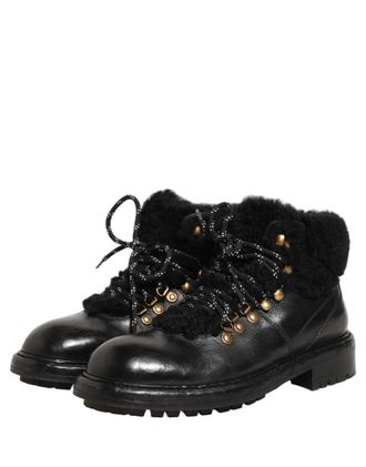 Dolce & Gabbana Leather Trekking with Shearling Trim Boot - Black