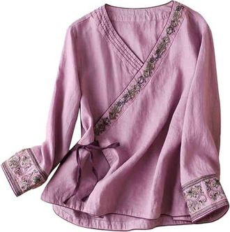 Generic Chemisier en lin pour femme - Grande taille - Chemise d&eacute;t&eacute; &agrave; manches longues - En mousseline - Broderie - Vintage - Chemisier d&eacute;t&eacute; ample - L&eacute;ger et a&eacute;