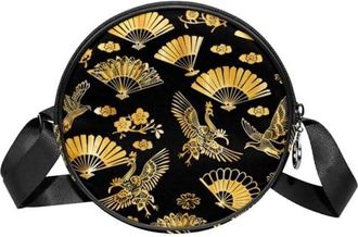 Generic Sac &agrave; bandouli&egrave;re circulaire pour femme, motif floral et ventilateur de grue, petit sac &agrave; dos &agrave; bandouli&egrave;re avec fermeture &eacute;clair, bretelles r&eacute;glables