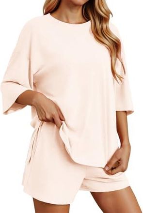 Generic Ensemble 2 pi&egrave;ces pour femme - Chemises surdimensionn&eacute;es d&eacute;contract&eacute;es d&eacute;t&eacute; 2026 avec short de motard - Tenue de voyage assortie, beige, XXL