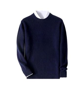 Generic Pull uni à col rond épais pour homme automne hiver pull décontracté en laine tricotée, noir foncé, S