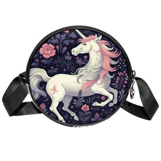 Generic Sac &agrave; bandouli&egrave;re rond pour femme, petit sac &agrave; bandouli&egrave;re licorne avec fermeture &eacute;clair, bretelles r&eacute;glables, sac &agrave; main rond d&eacute;contract&eacute; pour femmes