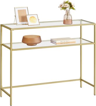 Vasagle Konsolentisch, Beistelltisch, Oberfl&auml;che aus Hartglas, moderner Sofatisch, einfacher Aufbau, verstellbare F&uuml;&szlig;e, Wohnzimmer, Flur, goldfarben-transpare