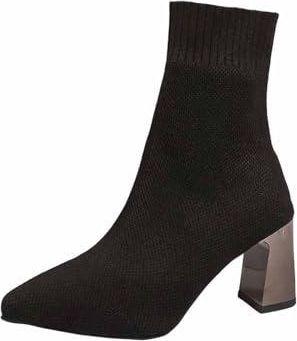 Generic Bottines pour femme en tricot extensible - Couleur unie - Bout pointu - Talon bloc - Confortables - Classiques - &Eacute;l&eacute;gantes et d&eacute;contract&eacute;es, Noir, 36.