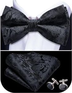 Barry.Wang Ensemble noeud papillon pr&eacute;-nou&eacute; en soie pour homme avec carr&eacute; de poche et boutons de manchette pour mariages et &eacute;v&eacute;nements formels, Noir, taille uniq