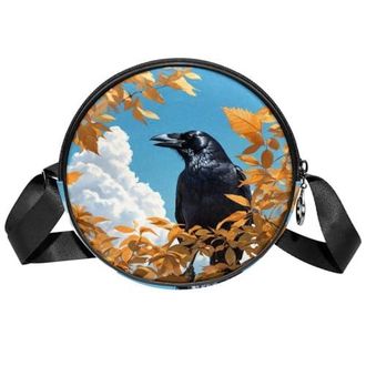 Generic Sac &agrave; bandouli&egrave;re rond pour femme, petit sac &agrave; bandouli&egrave;re avec fermeture &eacute;clair, bretelles r&eacute;glables, style d&eacute;contract&eacute;, motif corbeau