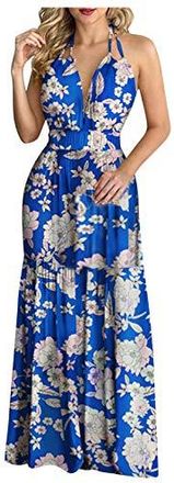 Generic Robe longue sexy dos nu pour femme - Imprimé tropical - Sans manches, bleu, XXL
