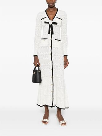 Self Portrait Pointelle Knit with Bow Detail Cardigan - White