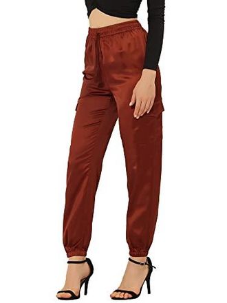 Allegra K Pantalon Cargo &eacute;lastique Taille Haute en Satin Soyeux avec Cordon de Serrage pour Femmes Marron M