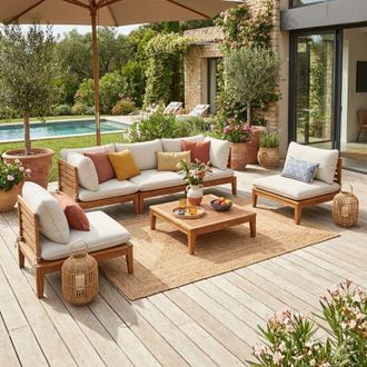Sweeek Salon de jardin modulable bois dacacia et bouclette 5 places beige - Yona