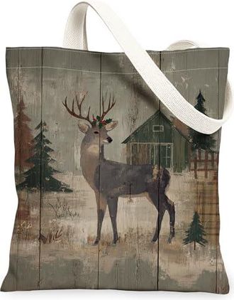 Generic Sacs fourre-tout en toile de cerf, motif animal de la for&ecirc;t rustique, sacs d&eacute;picerie, sacs d&eacute;picerie r&eacute;utilisables, l&eacute;gers et lavables en toile avec b