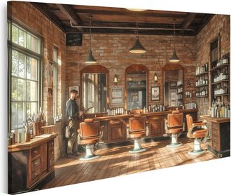 Islandburner Bild auf Leinwand Gemütlicher Friseursalon mit Holzmöbeln und Warmer Beleuchtung Bilder Wandbilder Poster