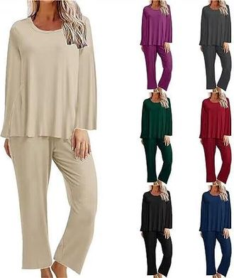 Generic Pyjama doux pour femme à manches longues - Couleur unie - Col rond - 2 pièces - Haut et pantalon long - Ensemble de vêtements de nuit confortables - V
