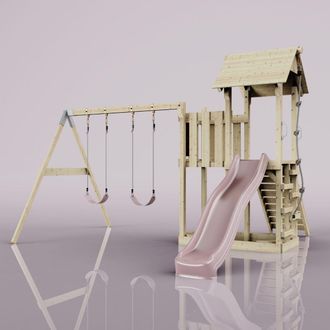 REBO Spielturm mit Wellenrutsche und 2X Kinder-Schaukel, Outdoor Kletterger&uuml;st Garten mit Plattform,Altrosa