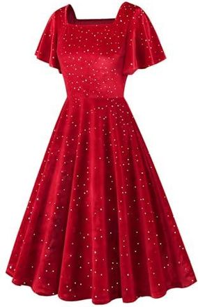 Generic Robe r&eacute;tro &agrave; paillettes et col carr&eacute; pour femme - En velours dor&eacute; - Grande taille - Robe de maternit&eacute;, Rouge, L
