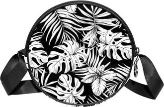 Generic Petit sac &agrave; bandouli&egrave;re rond pour femme, motif plantes tropicales, sac &agrave; dos avec fermeture &eacute;clair, bretelles r&eacute;glables, sac &agrave; main rond d&eacute;contract&eacute; p