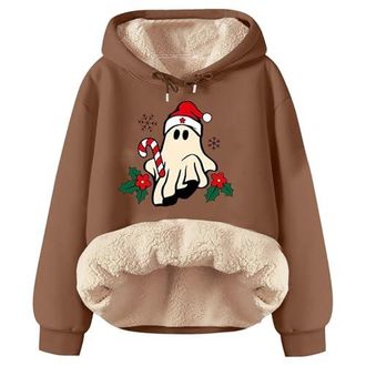 Generic Sweat à capuche en polaire pour femme avec doublure Sherpa - Automne - Oversize - Imprimé de Noël vintage - Vêtements de sport dhiver pour femme, marr