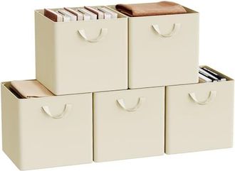 Woltu Lot de 5 Cubes de Rangement Pliables, Boîtes de Rangement en Tissu, avec Poignée et Cadre en Métal, Crème, 32,5x32,5x31cm