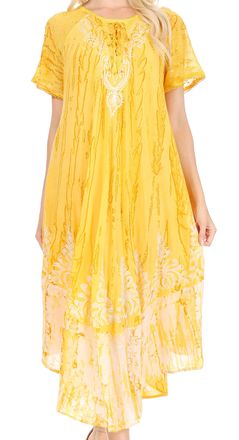 Sakkas 16601 - Ronny Lace - Besticktes Cap Sleeve Tie Dye - Kaftan-Kleid/Vertuschung - Gelb - OS