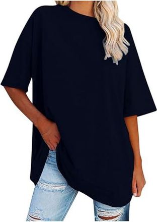 Generic T-shirt surdimensionn&eacute; pour femme - D&eacute;contract&eacute; - Couleur unie - Manches courtes - Chemisier d&eacute;t&eacute; - Col rond - Pull ample - Haut basique - Tunique d&eacute;c