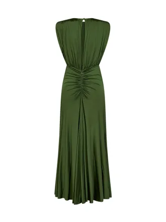 Self Portrait Womens Long Gathered Jersey Dress Olive Green Viscose