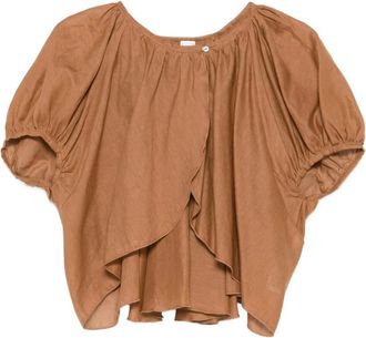 120% Lino Femme, Blouses et Chemises, Brun, Taille: 36 FR Chemisier en lin &agrave; manches volant&eacute;es