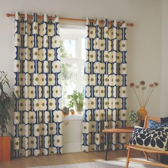 Orla Kiely Vorhänge mit Ösen, gefüttert, 100 % Baumwolle, 1 Paar, Abakus-Blumen, 168 x 229 cm, Marineblau