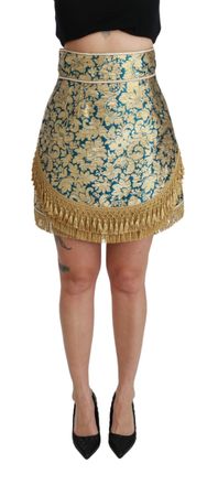 Dolce & Gabbana Womens Blue High Waist Jacquard Tassel Gold Skirt