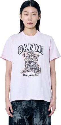 Ganni Femme, Tops, Rose, Taille: 42 FR T-Shirt Basic Jersey L&eacute;opard Coupe D&eacute;contract&eacute;e