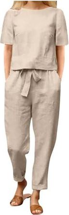 Generico Combinaison Femme Complète Coton et Lin dÉté Ensembles de Pantalons Deux Pièces Décontracté Complet Élégant Mode Manches Courtes Chemise et Pantalon L